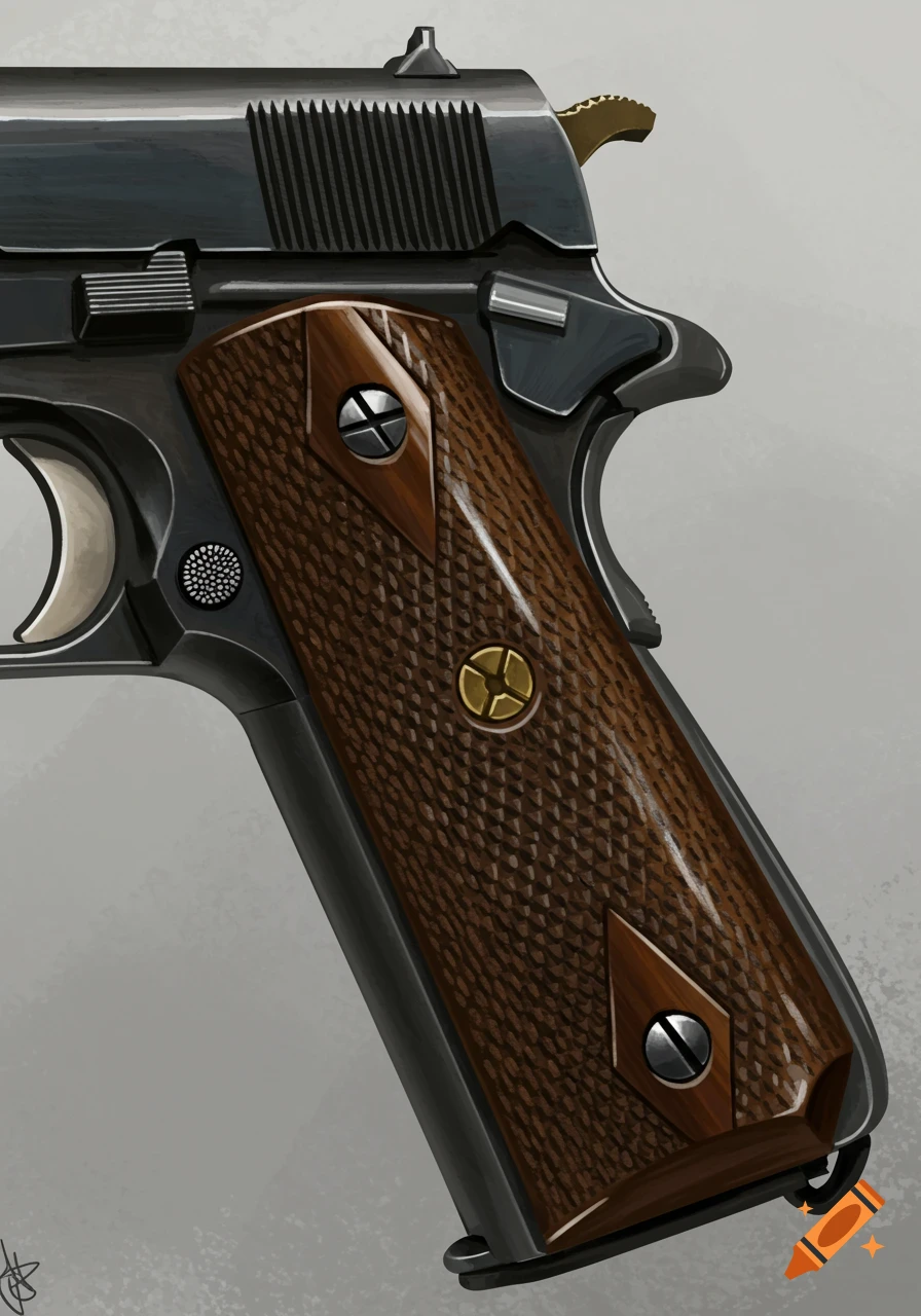 Close-up illustration of a gun's grip and mechanism. on Craiyon