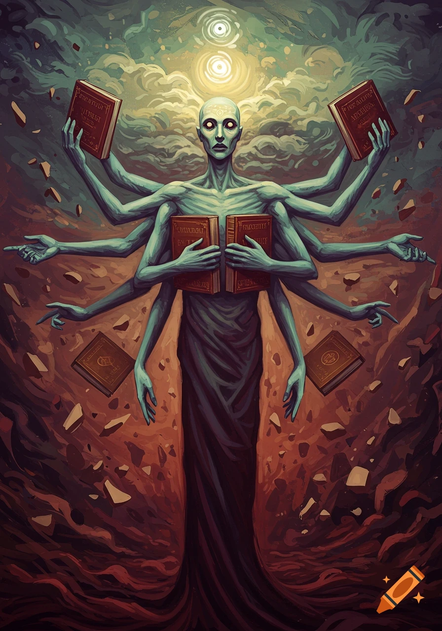 Eerie multi-armed figure holding several books amidst swirling clouds ...