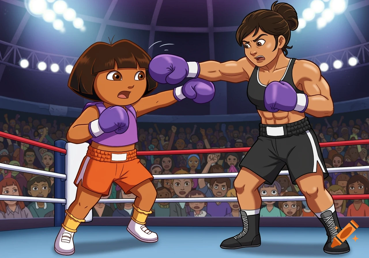 Cartoon of Dora the Explorer boxing a muscular woman in a ring with an ...