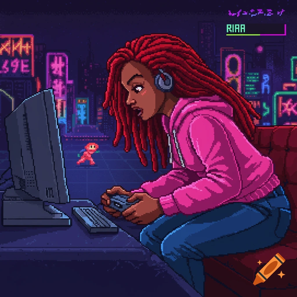 Pixel art illustration of a Black gamer girl with red dreadlocks ...
