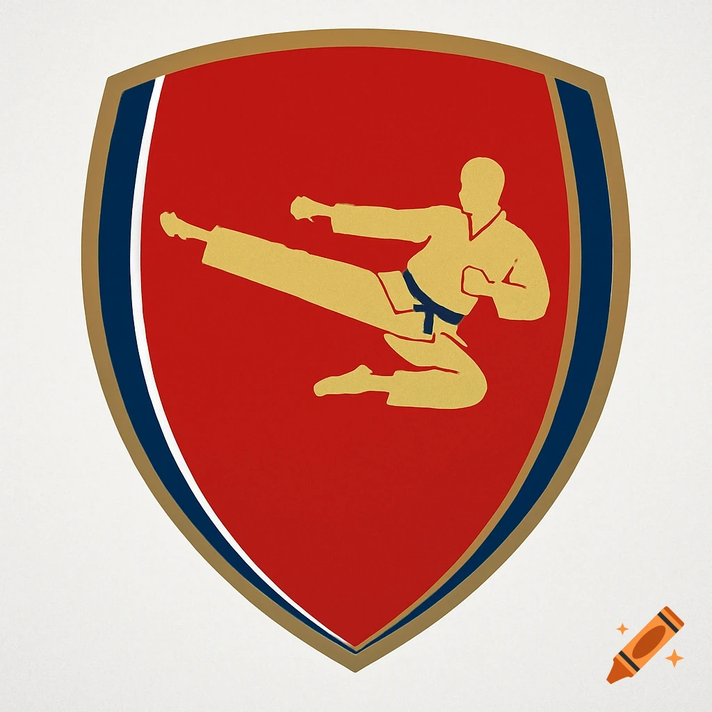 A red and gold shield logo featuring a silhouette doing a flying side ...
