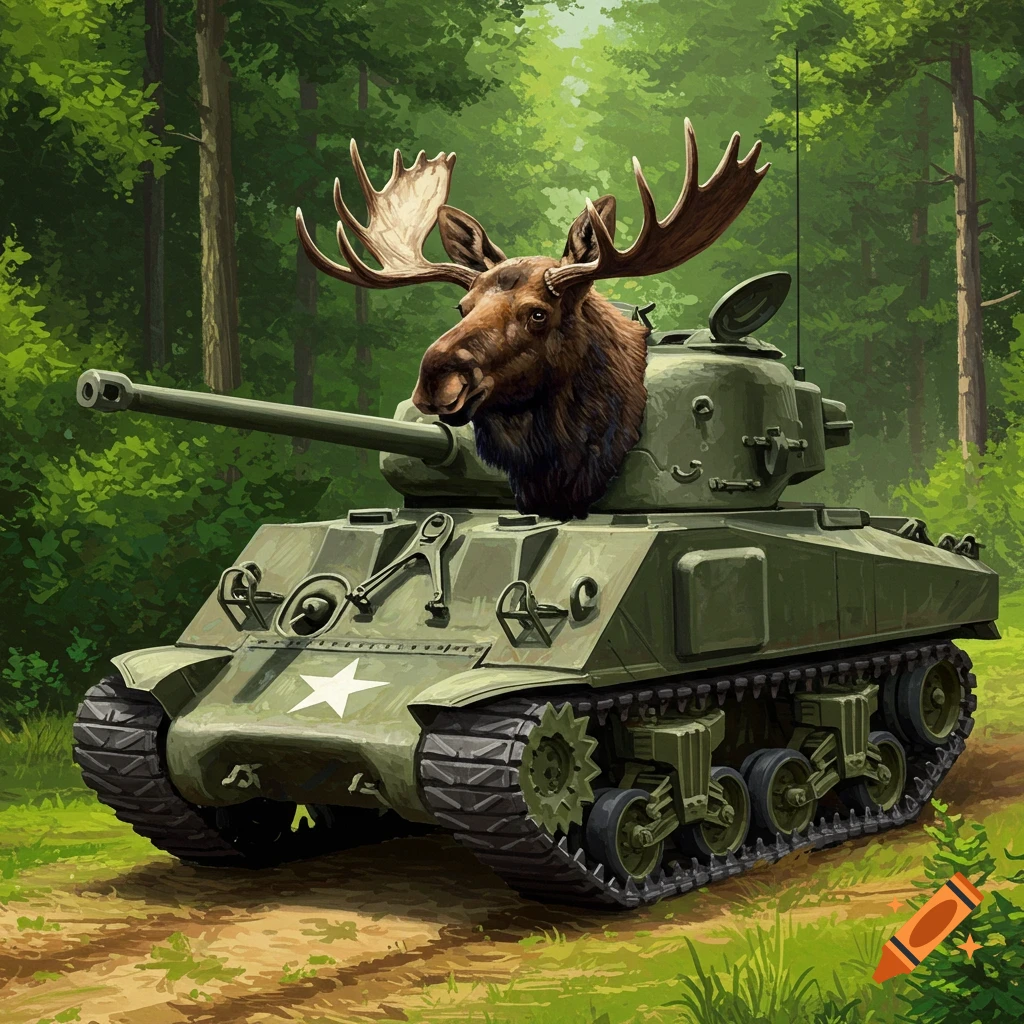 A moose head emerges from the turret of a military tank in a forest. on ...