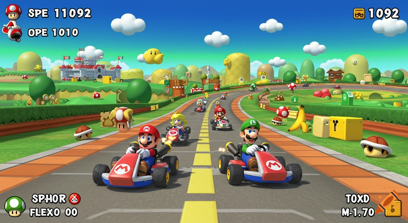 Super Mario characters race go-karts on a colorful track in a video ...