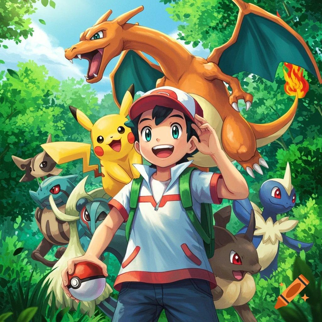 Anime illustration of Ash Ketchum and multiple Pokemon in a forest on ...