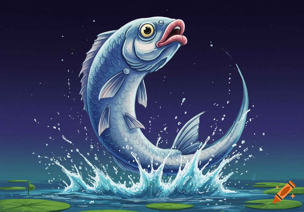 A cartoon blue fish shaped like a crescent moon jumps out of water with ...