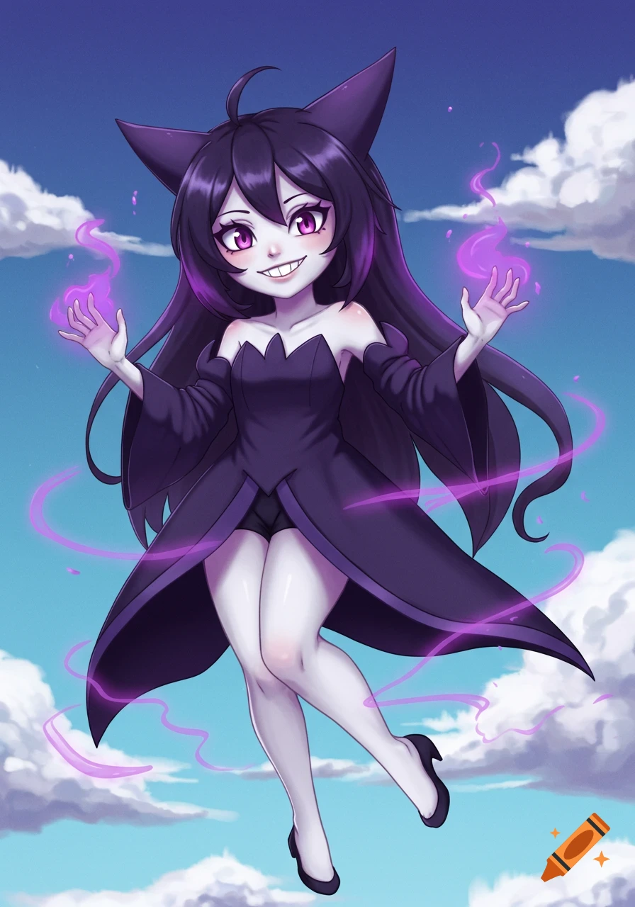Anime girl version of Gengar flying in the sky, casting purple magic ...