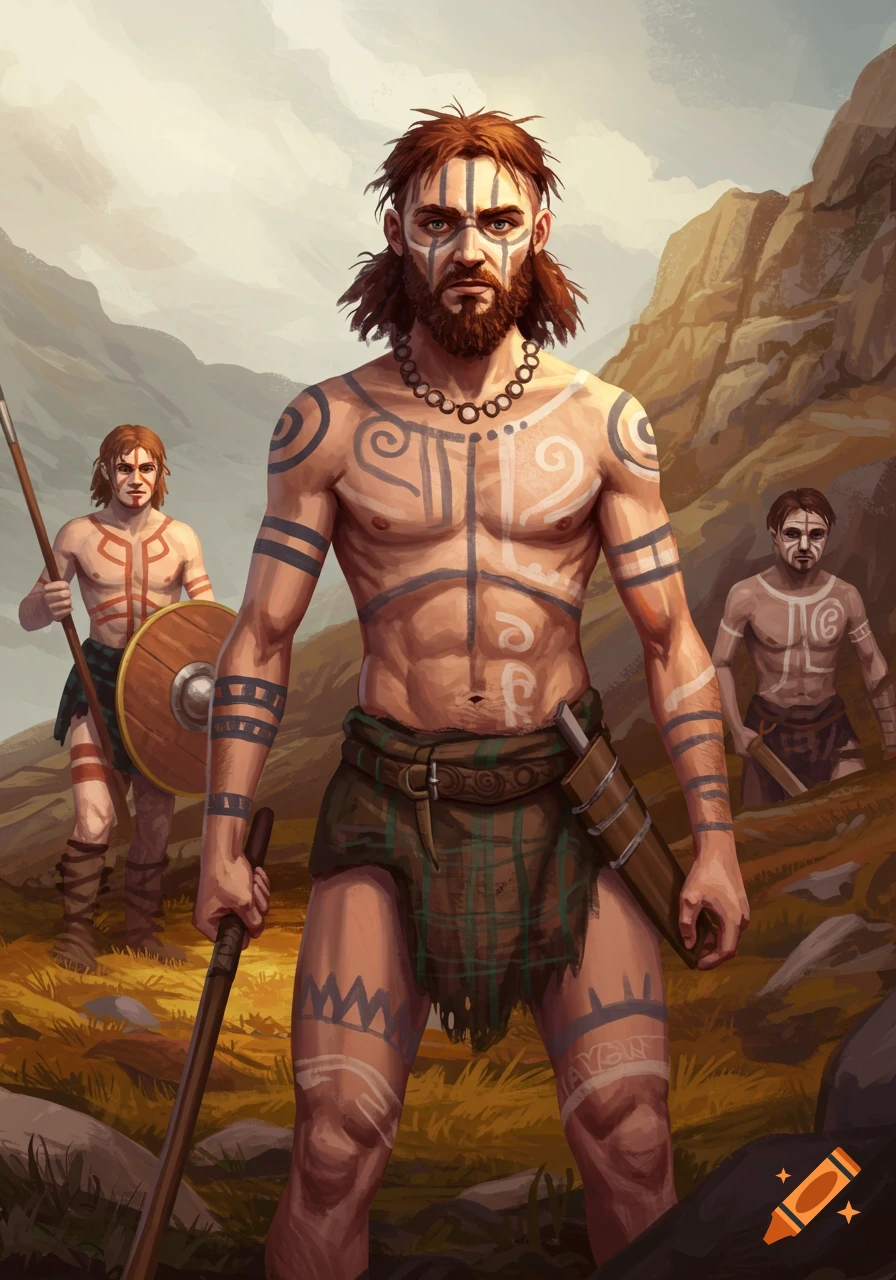 Three ancient Pictish warriors with body paint and weapons stand in a hilly landscape. Digital ...