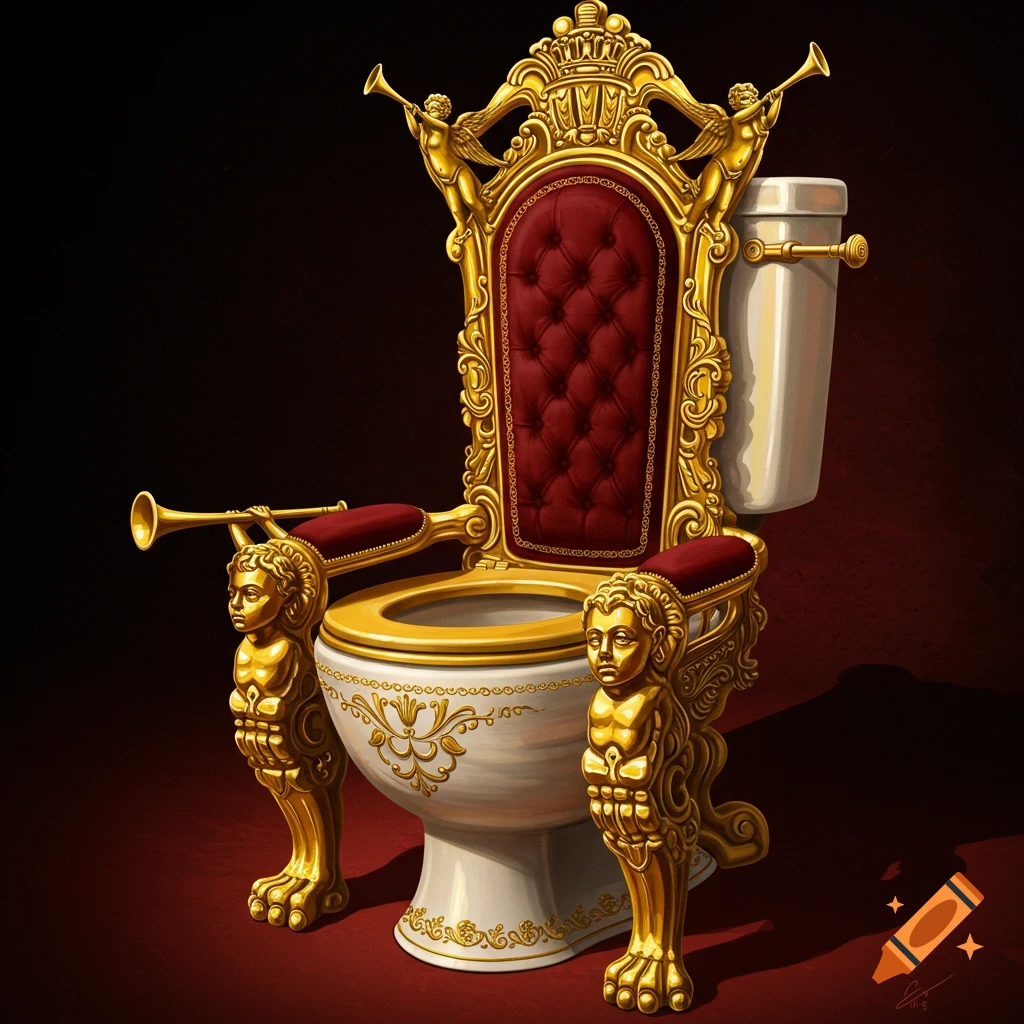 A luxurious golden toilet designed to look like an ornate throne with ...