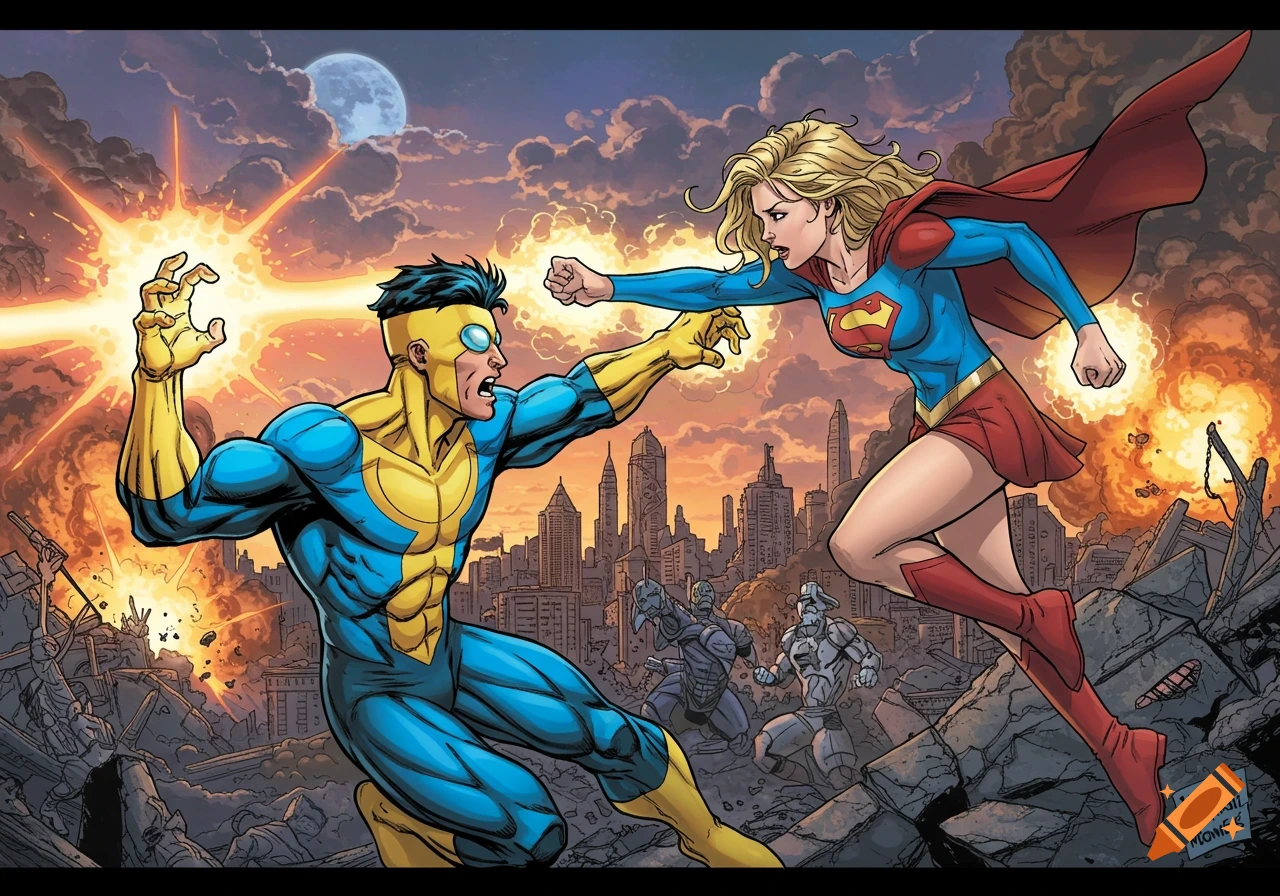 Comic art of Invincible fighting Supergirl in a destroyed city ...