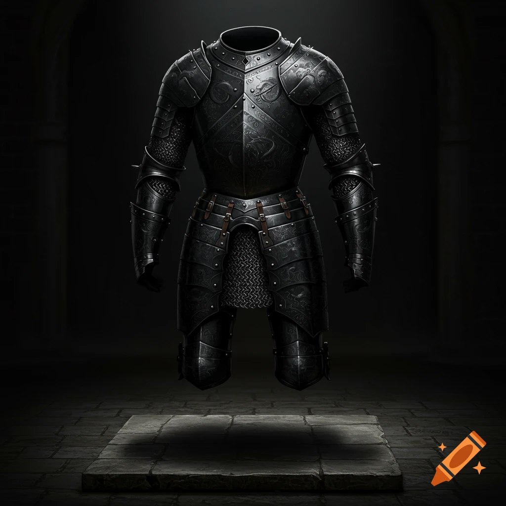 A dark, black suit of fantasy plate mail armor floats in a dark room ...