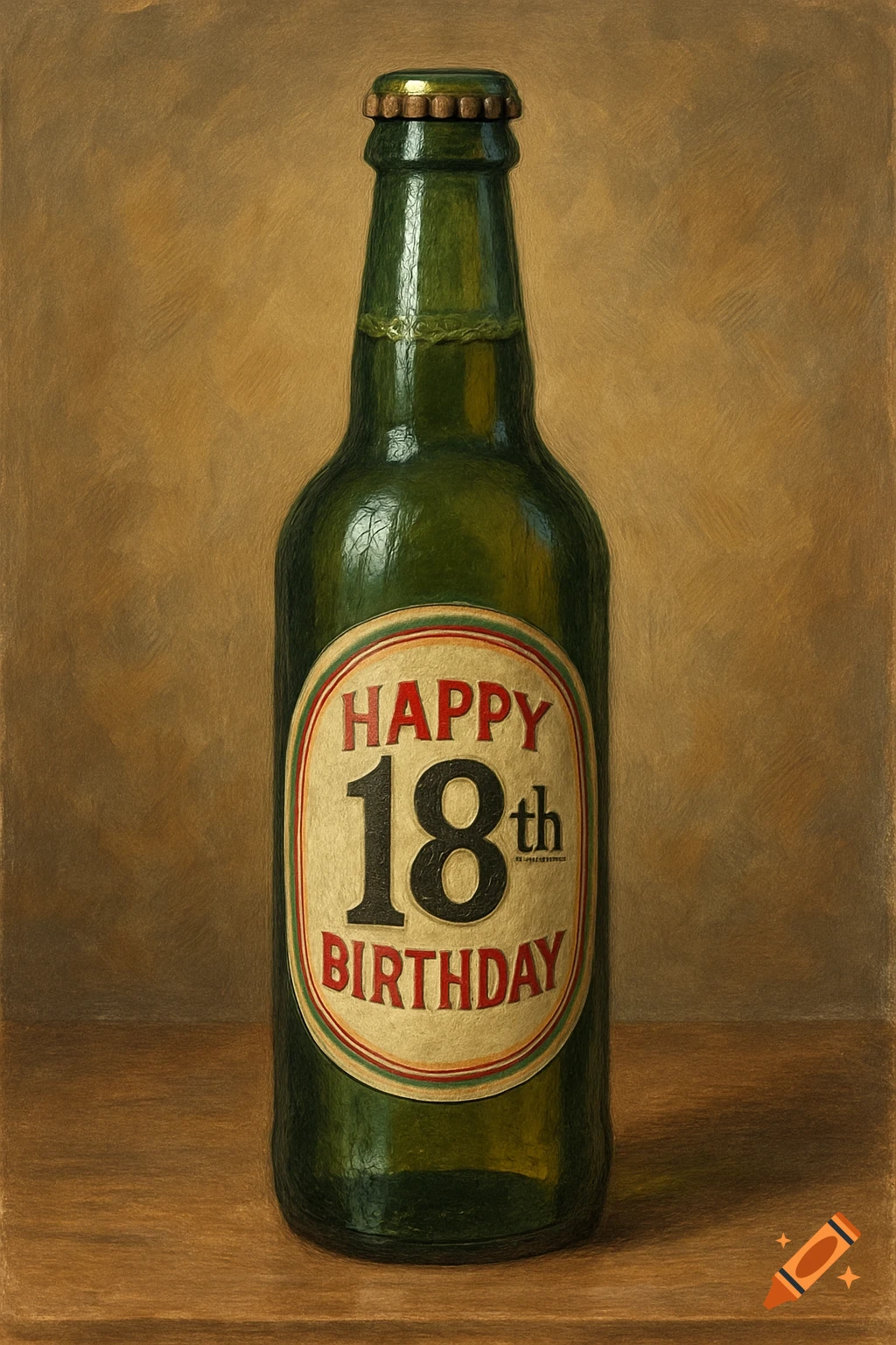 A green beer bottle with a Happy 18th Birthday label on a wooden ...