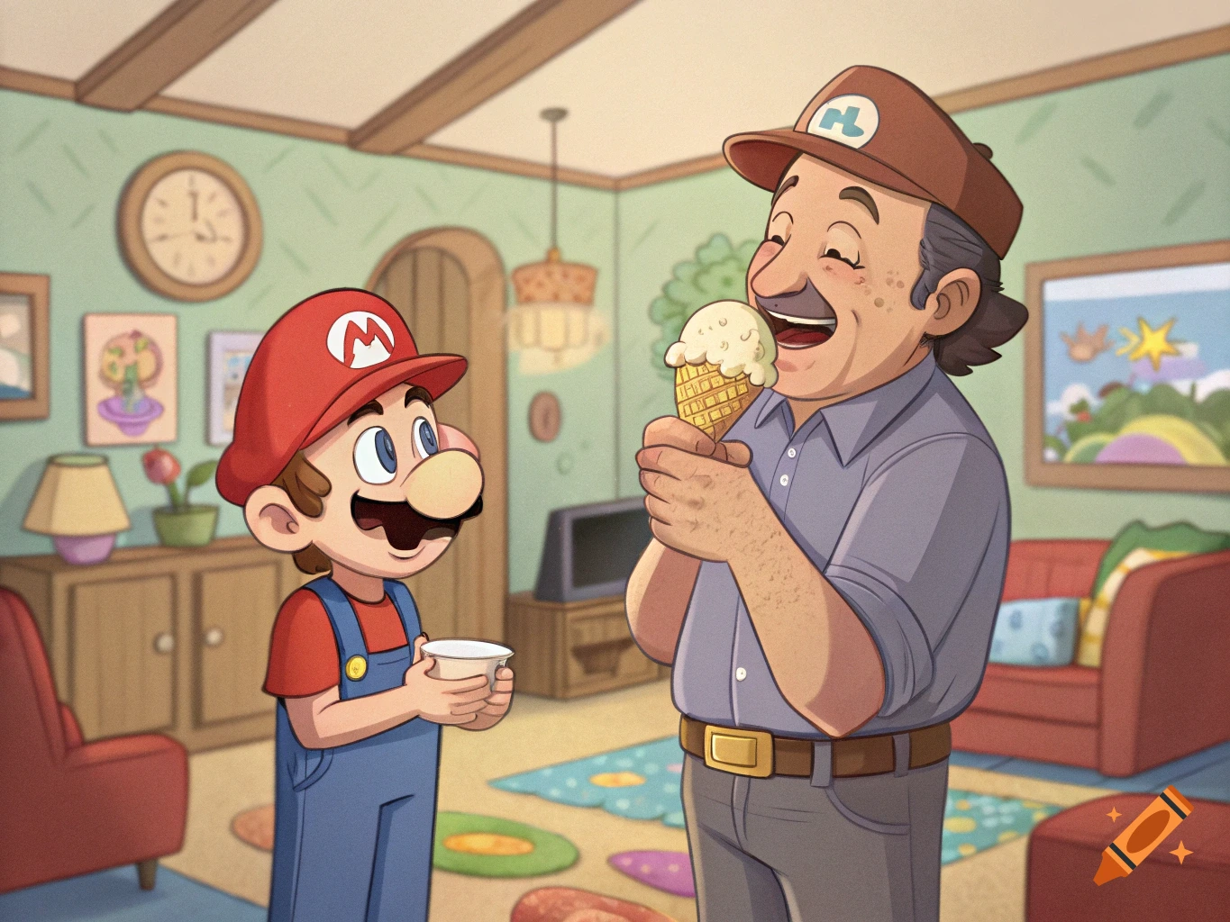 Animated illustration of Mario with an older man eating ice cream in a ...