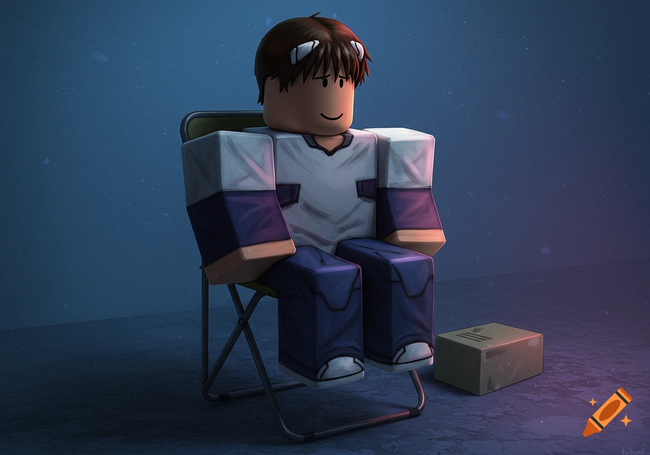 A Roblox character sits on a folding chair next to a box, rendered in ...