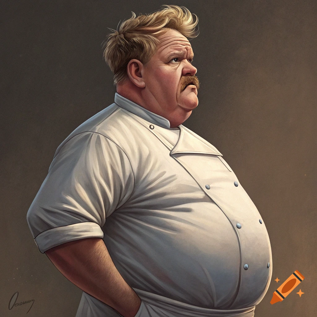 Caricature of a morbidly obese Gordon Ramsay in a chef's coat, looking ...