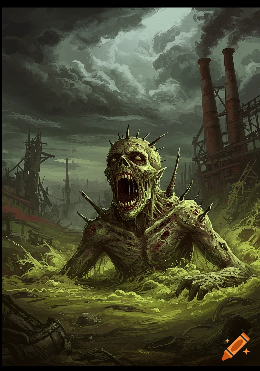 Mutated creature rises from toxic swamp in industrial ruins under ...