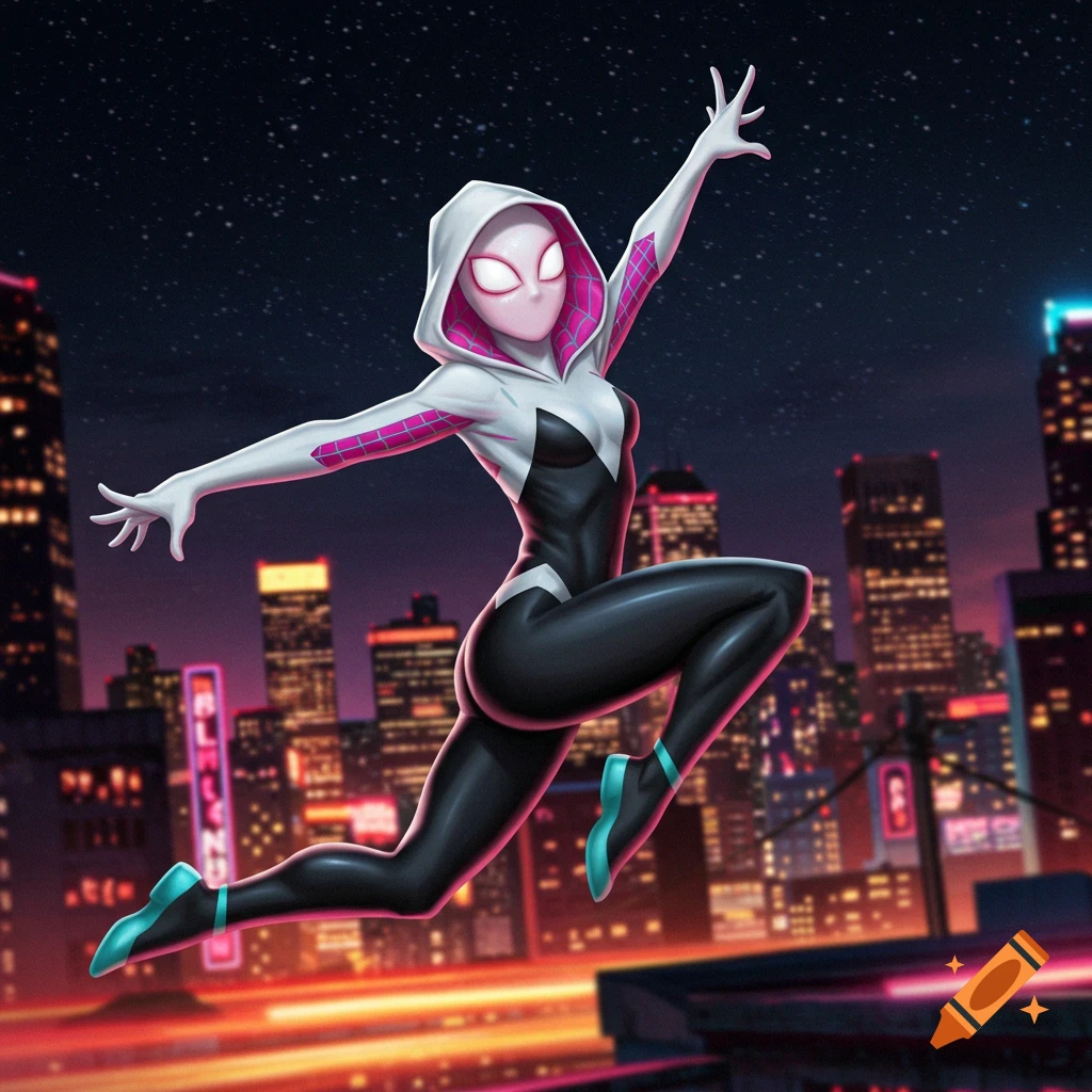 Spider-Gwen in a dynamic pose jumping over a city skyline at night. on ...
