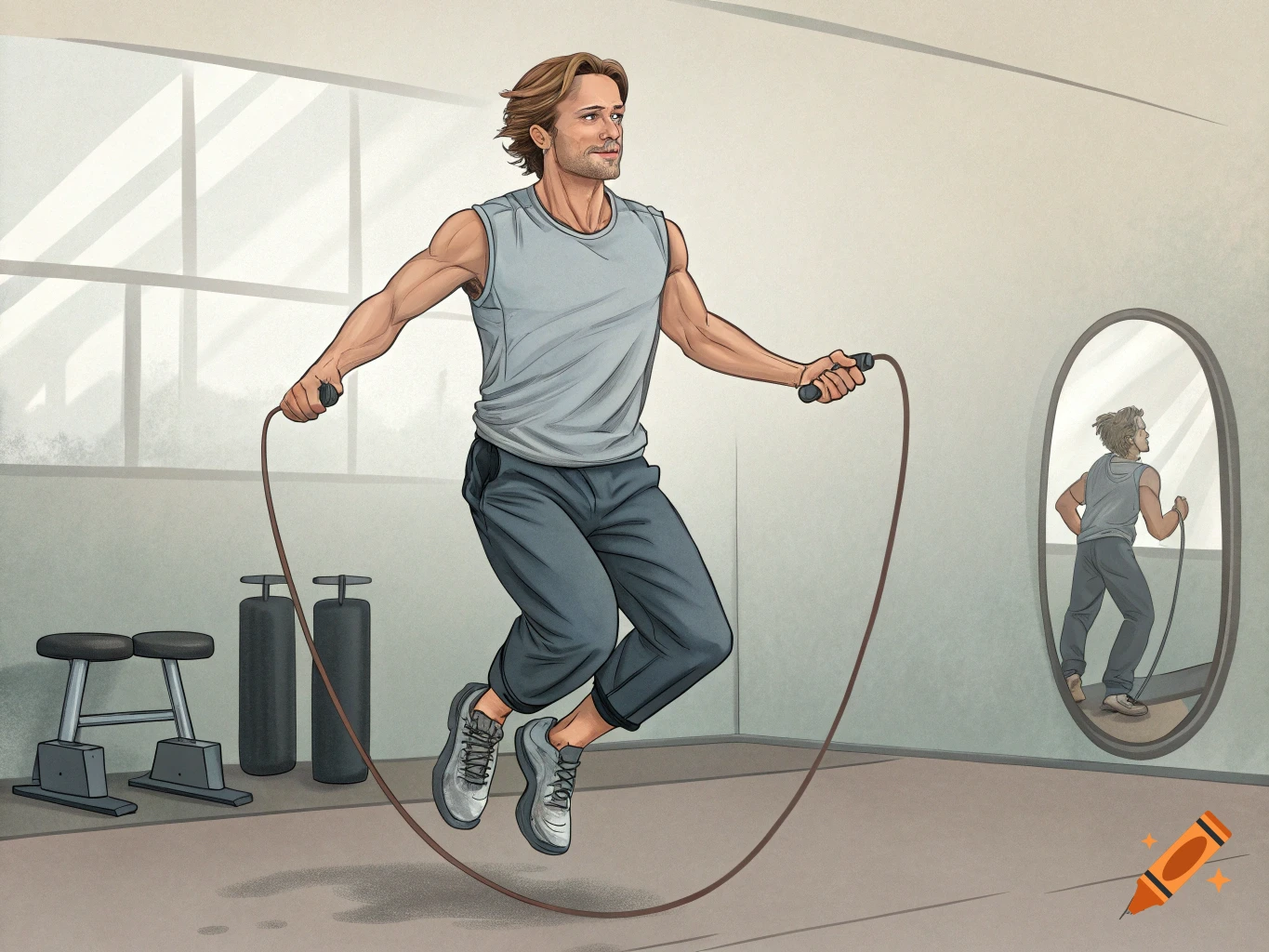 Stylized illustration of a man jump roping in a gym, reflected in a ...