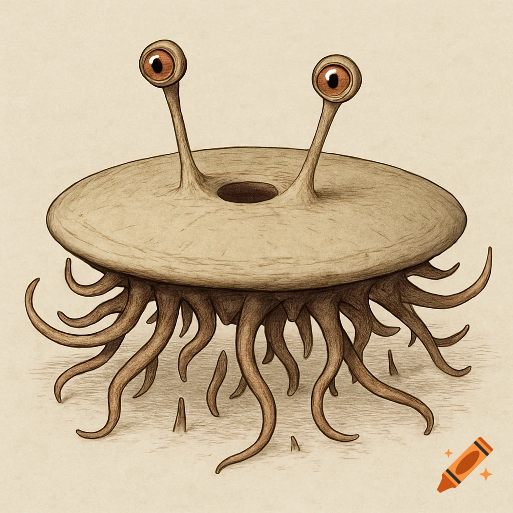 A drawing of a disc-shaped creature with eyestalks and tentacles. on ...