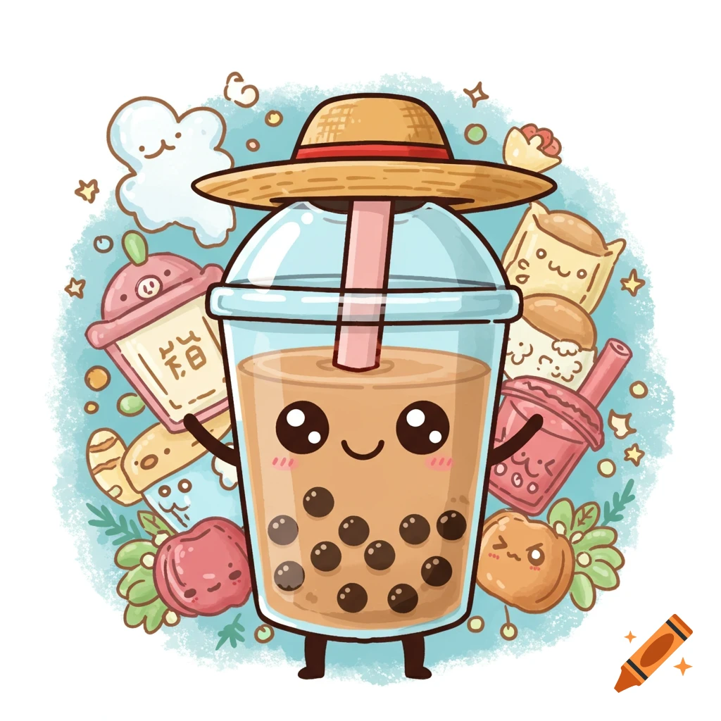 A cute cartoon boba tea with a straw hat, surrounded by other happy ...