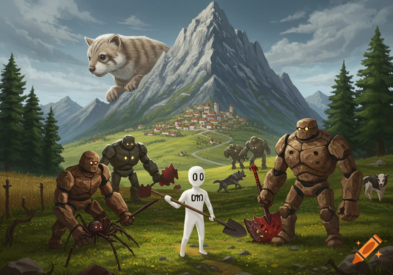 Fantasy landscape with large mountain cat, golems, spider, wolf, and a ...