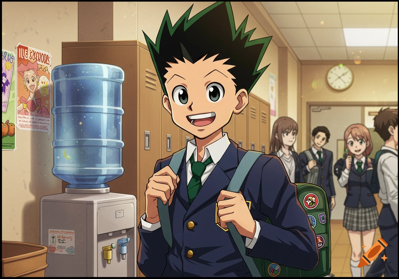 Anime character resembling Gon Freecss in high school uniform stands in ...