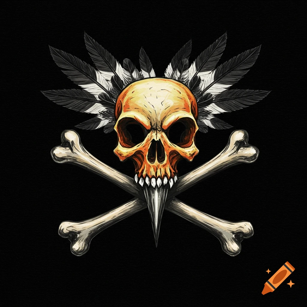Stylized illustration of an orange skull with feathers behind it and ...