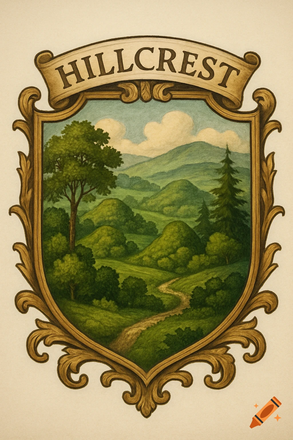 A detailed crest with a landscape of hills, trees, and a path, topped ...