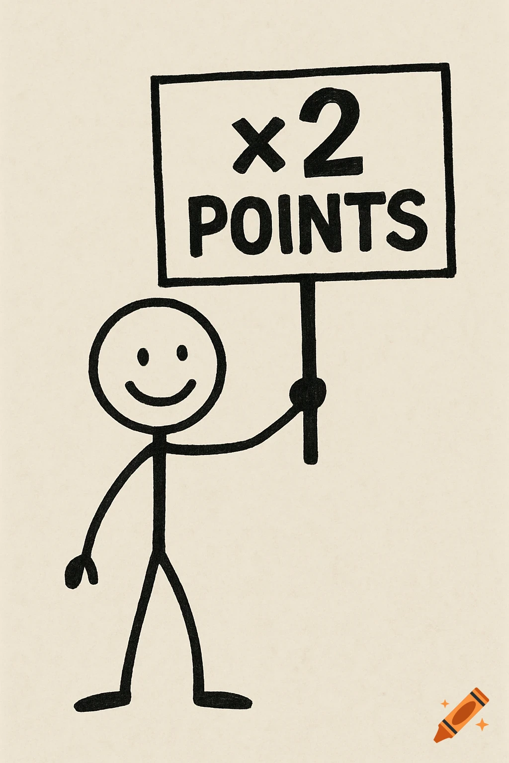 A black and white stick figure holds up a sign that reads "x2 POINTS ...