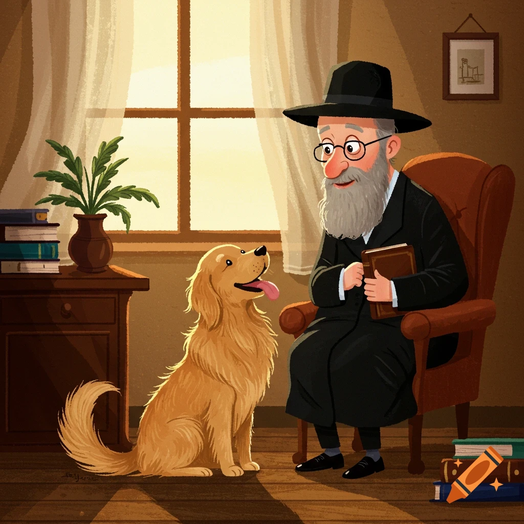 Illustration of a rabbi sitting with a golden retriever dog on Craiyon