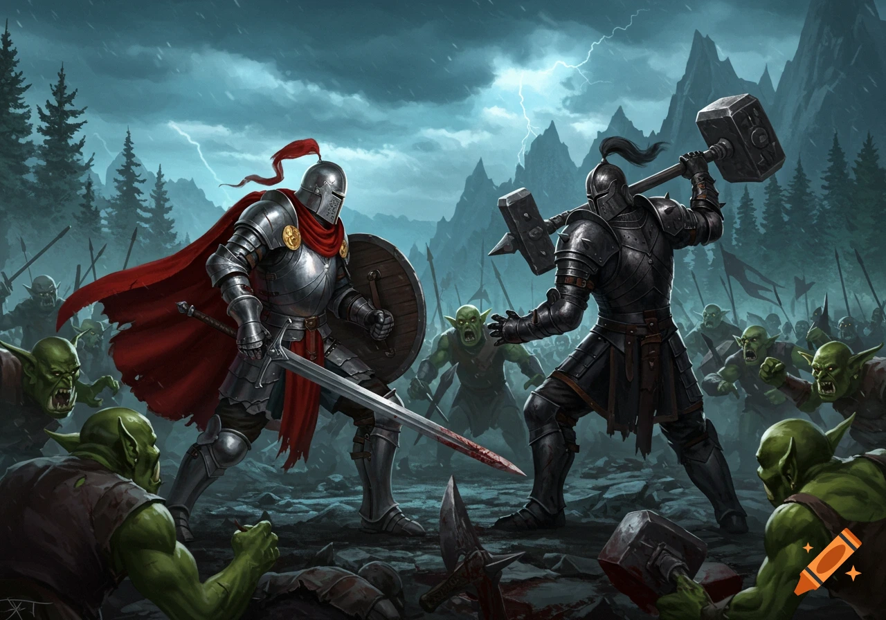 Knights battle orcs in a dark, stormy fantasy war scene. on Craiyon