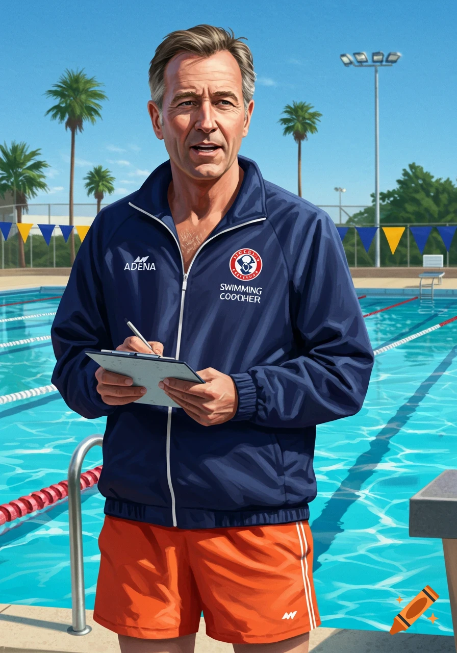 An illustrated portrait of a swimming coach writing on a clipboard by a ...