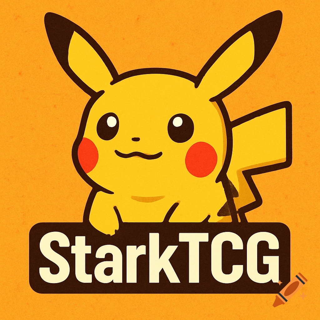 Stylized cartoon of Pikachu with 'StarkTCG' text banner. on Craiyon