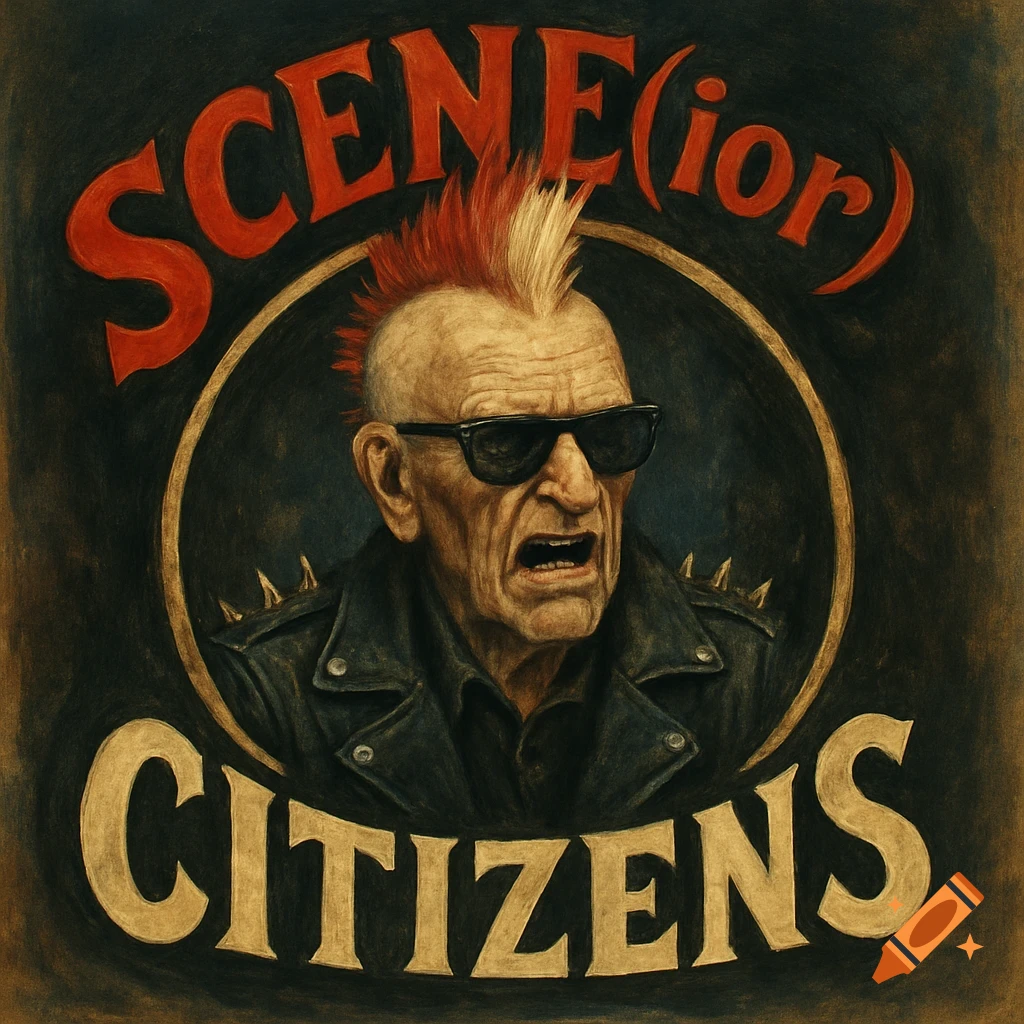 Grunge style portrait of an older punk person with mohawk and ...