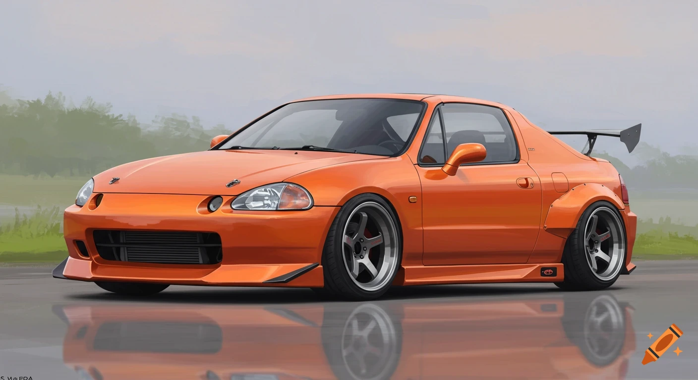 An orange wide body Honda del Sol sports car rendered in a digital ...