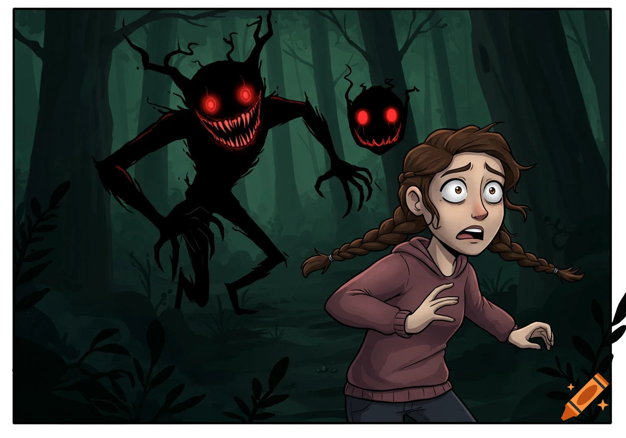 Cartoon of a shadowy monster chasing a scared person through a dark ...