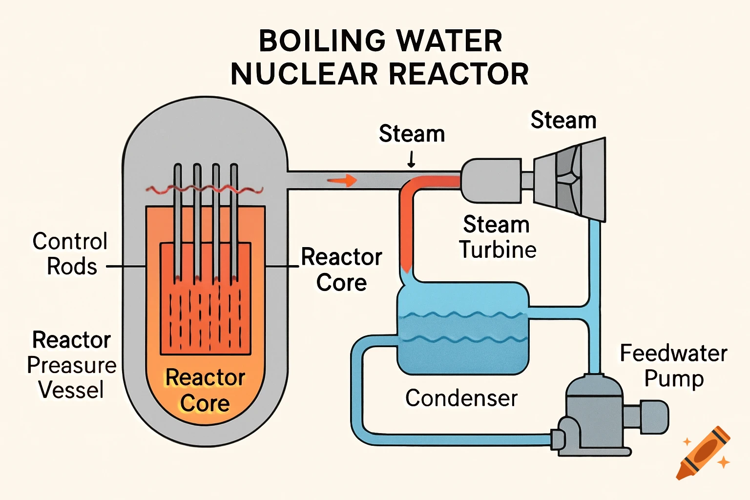 Diagram of a boiling water nuclear reactor with labeled parts. on Craiyon