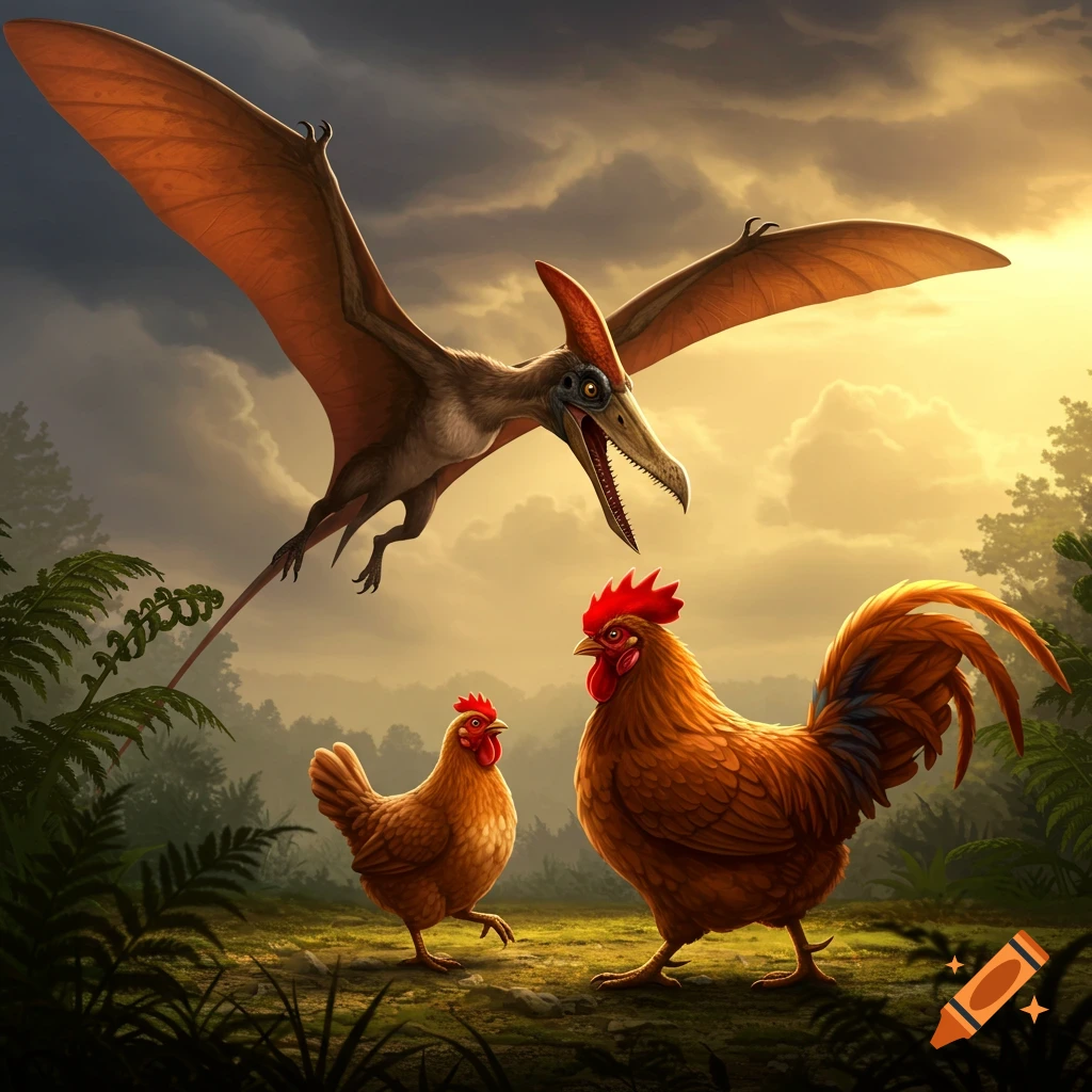 A pterodactyl flies over two chickens in a forest clearing at sunset. on Craiyon