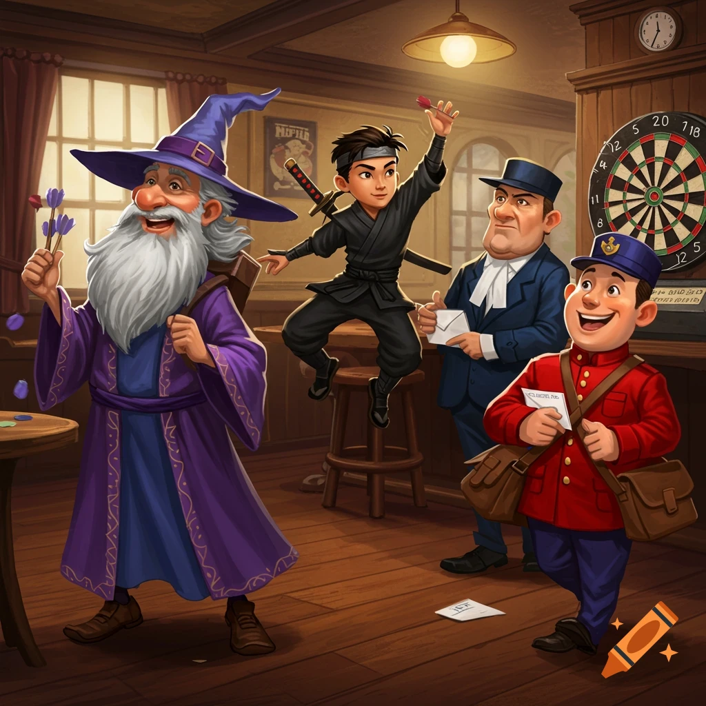 A wizard, ninja, barrister, and postman play darts in a cartoon style ...