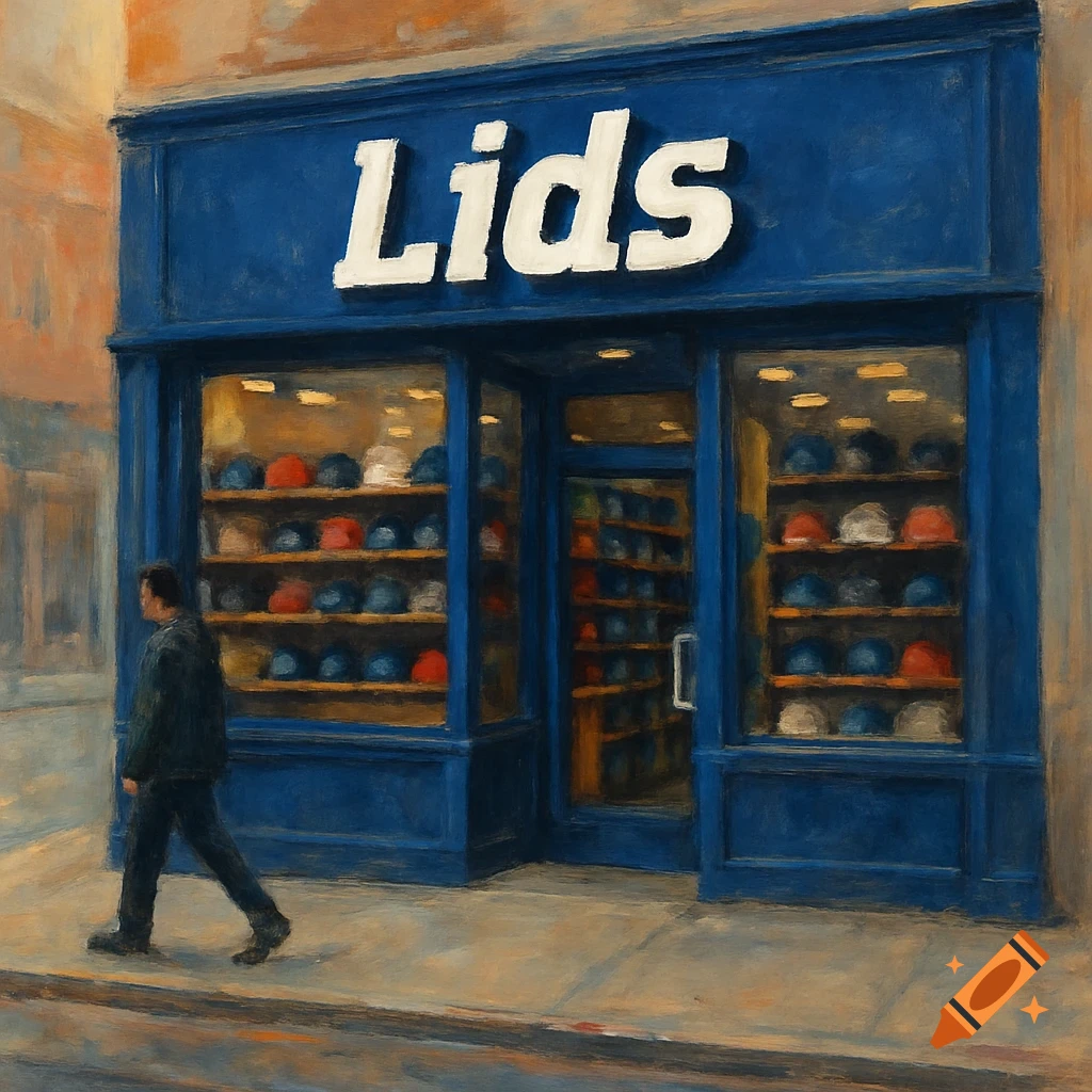 Painting of a person walking past a blue storefront with a "Lids" sign ...