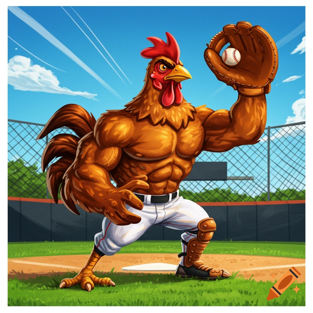 Cartoon of a muscular chicken in a baseball uniform and glove holding a ...