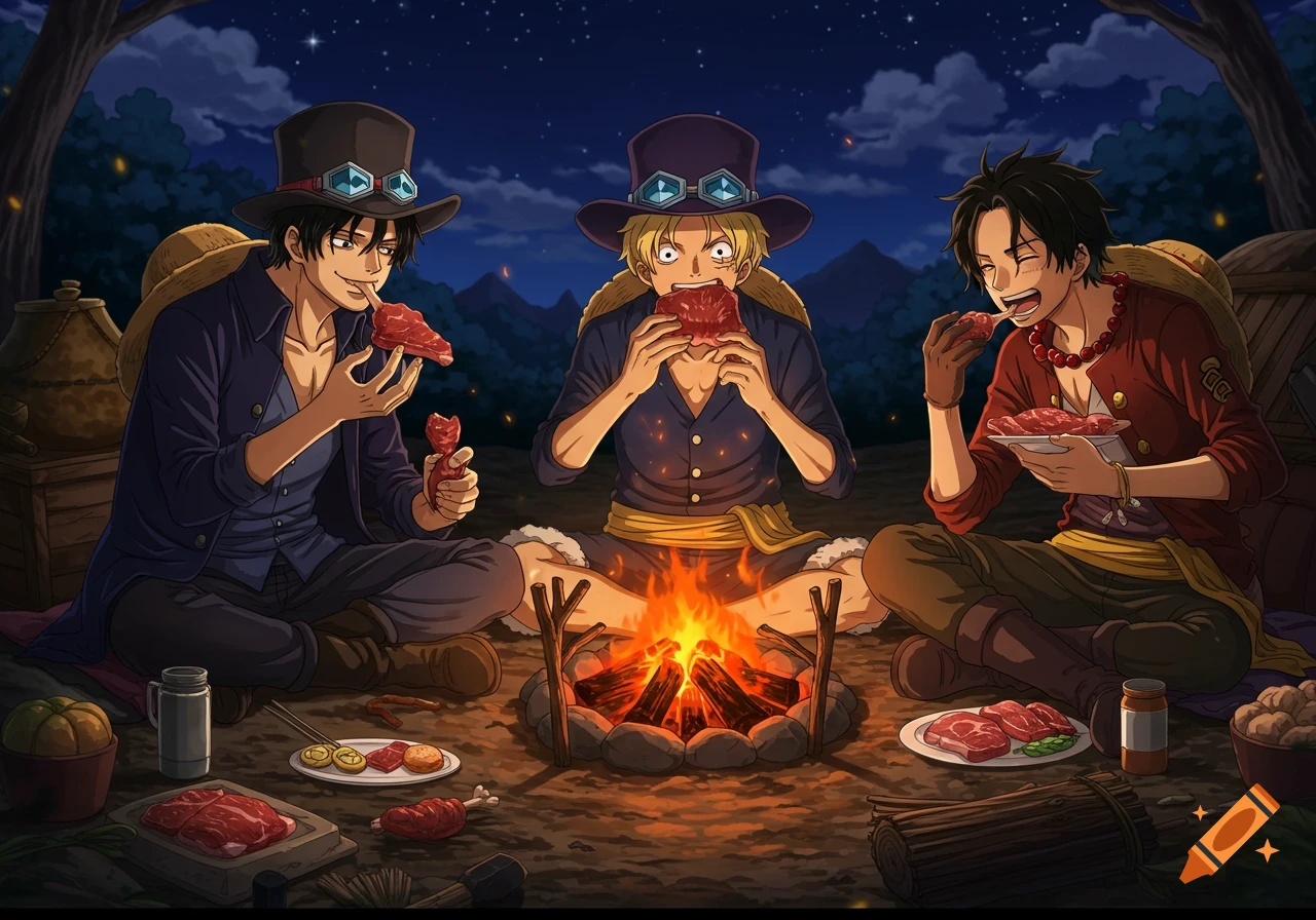 Anime characters Ace, Sabo, and a third eating meat around a campfire ...