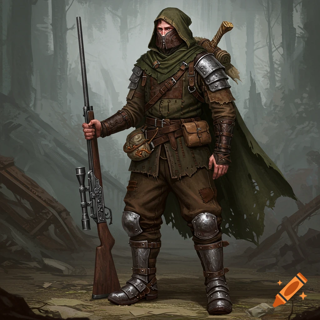 Fantasy character in worn green hooded cloak and armor holding a long ...