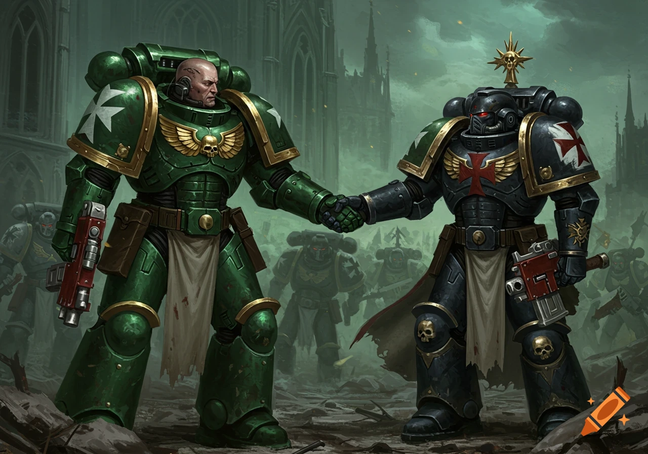 Two Space Marines from different chapters shaking hands in a ...