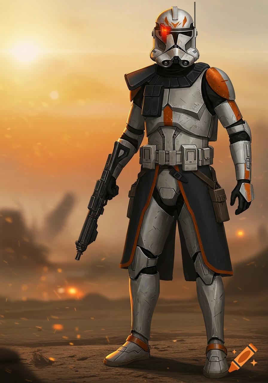 A clone trooper in white and orange armor stands with a rifle against a ...