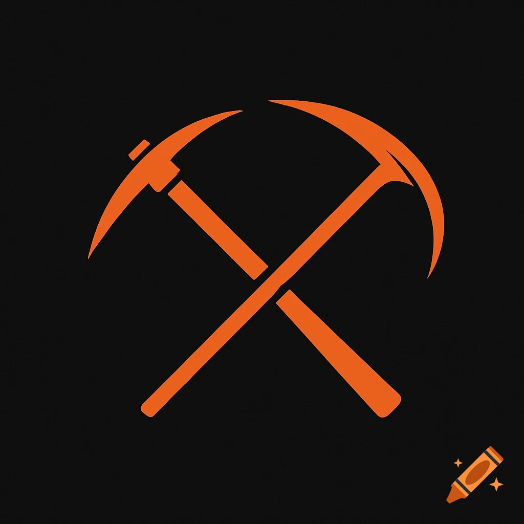Orange crossed pickaxe and scythe logo on black background. on Craiyon