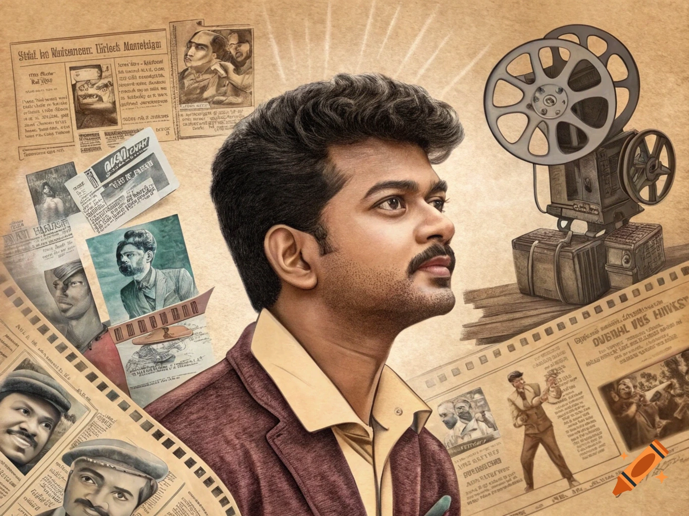 Vintage style collage of Joseph Vijay with movie projector and film strips on Craiyon