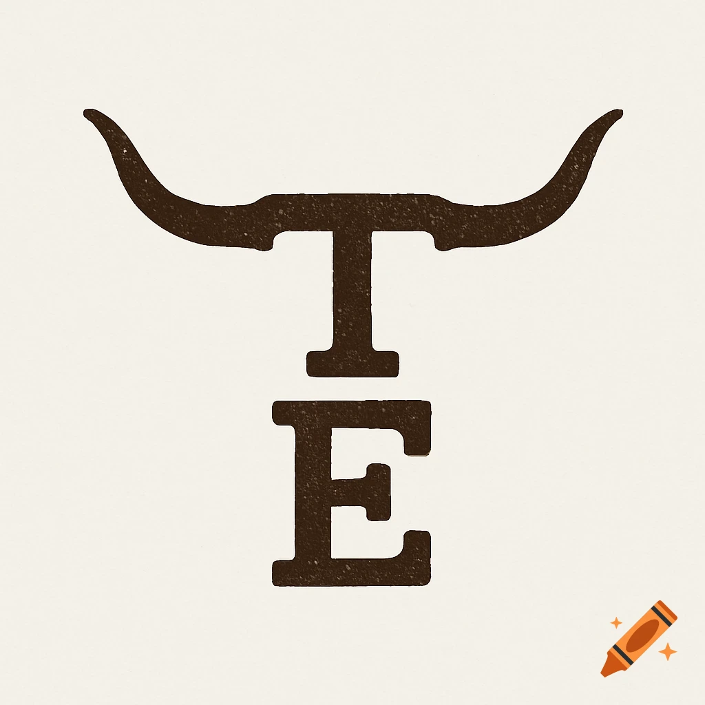 Cattle brand design with letters T and E and horns on a light ...