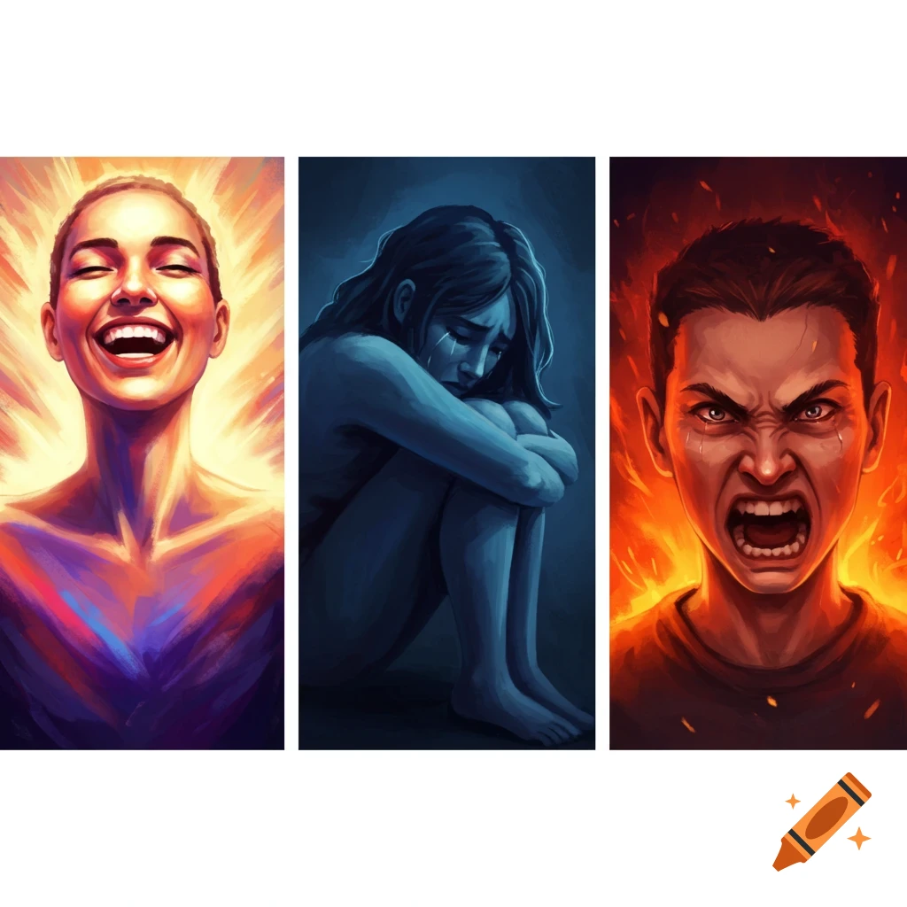 Three portraits depicting intense emotions: joy, sadness, and anger, in ...