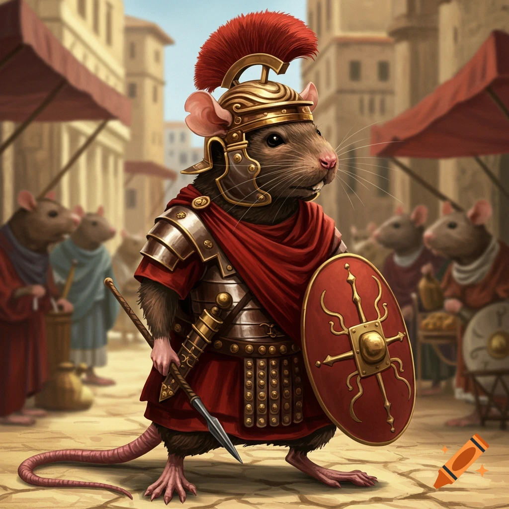Detailed illustration of a rat dressed as a Roman soldier holding a ...