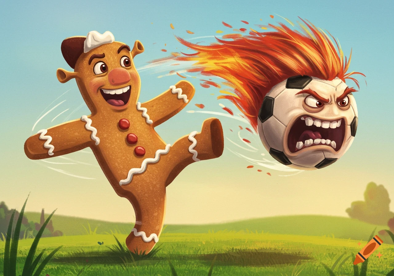 Cartoon gingerbread man kicks a fiery soccer ball with a screaming face ...